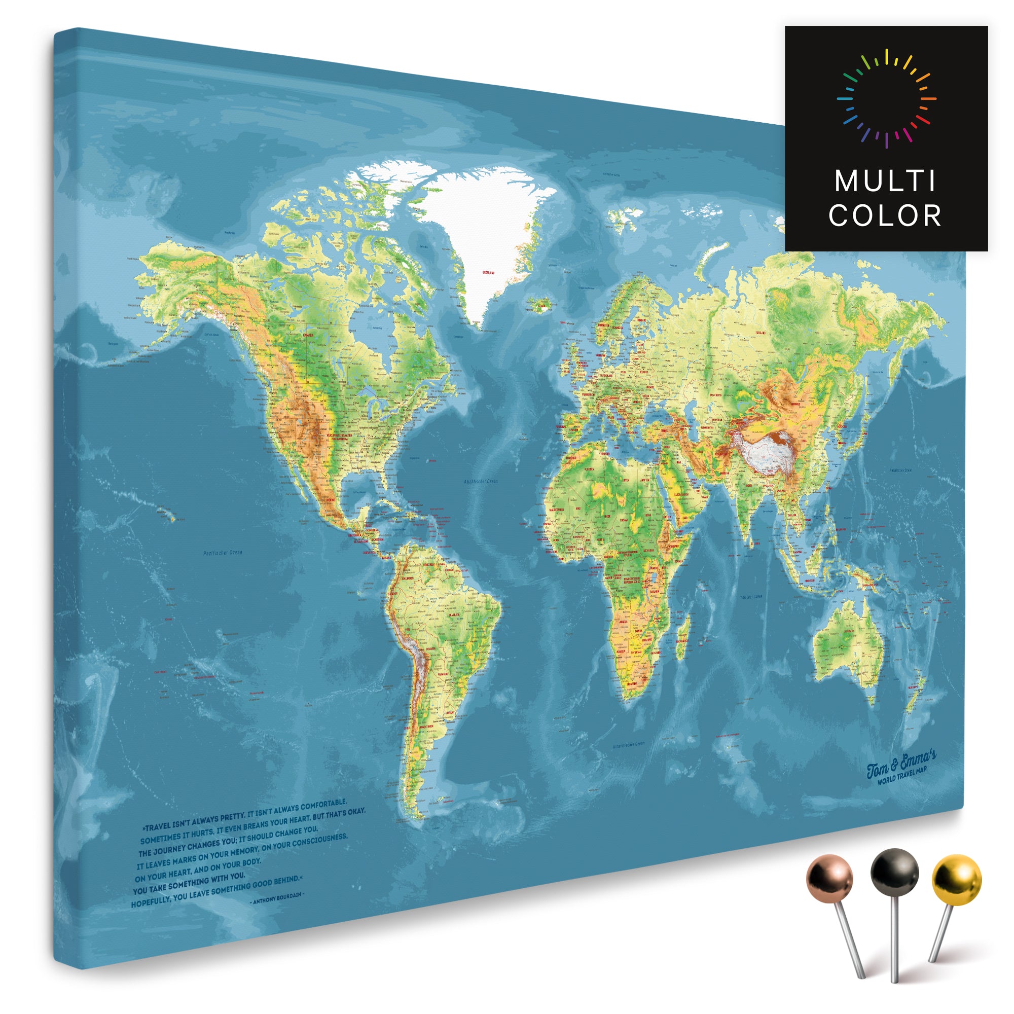 Topografische Weltkarte Pinn-Leinwand in MULTICOLOR Topo ...